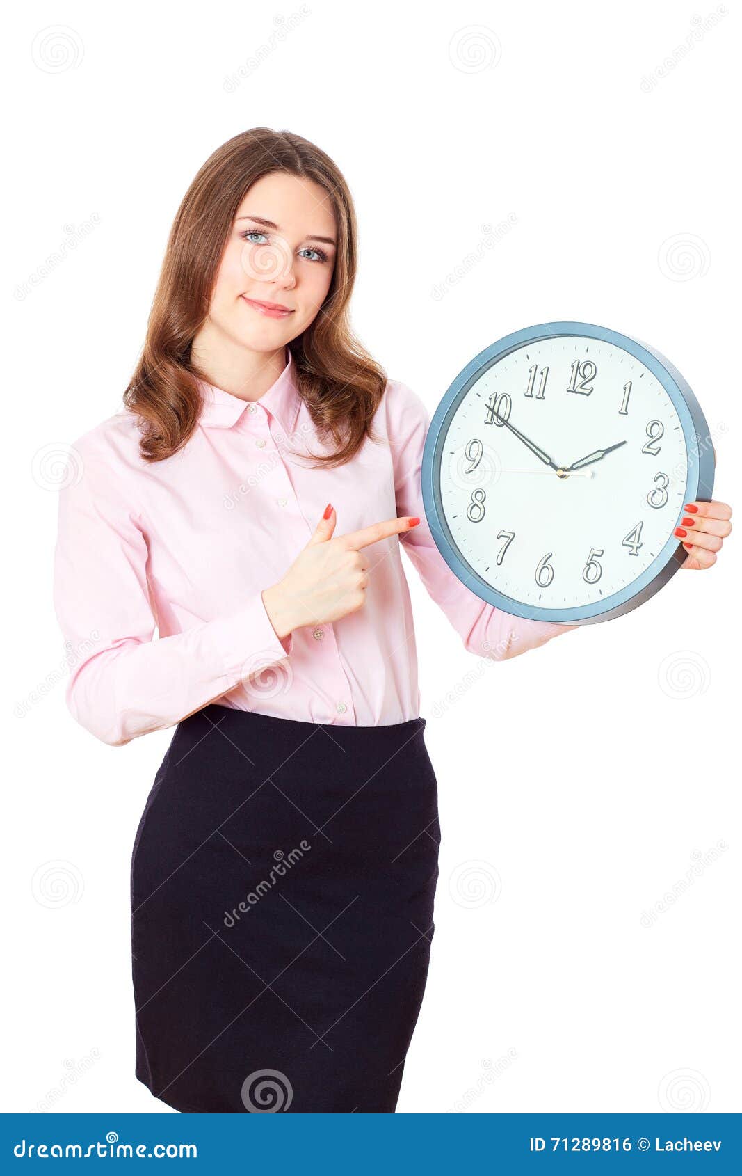 Young woman showing clock. stock photo. Image of appointment - 71289816