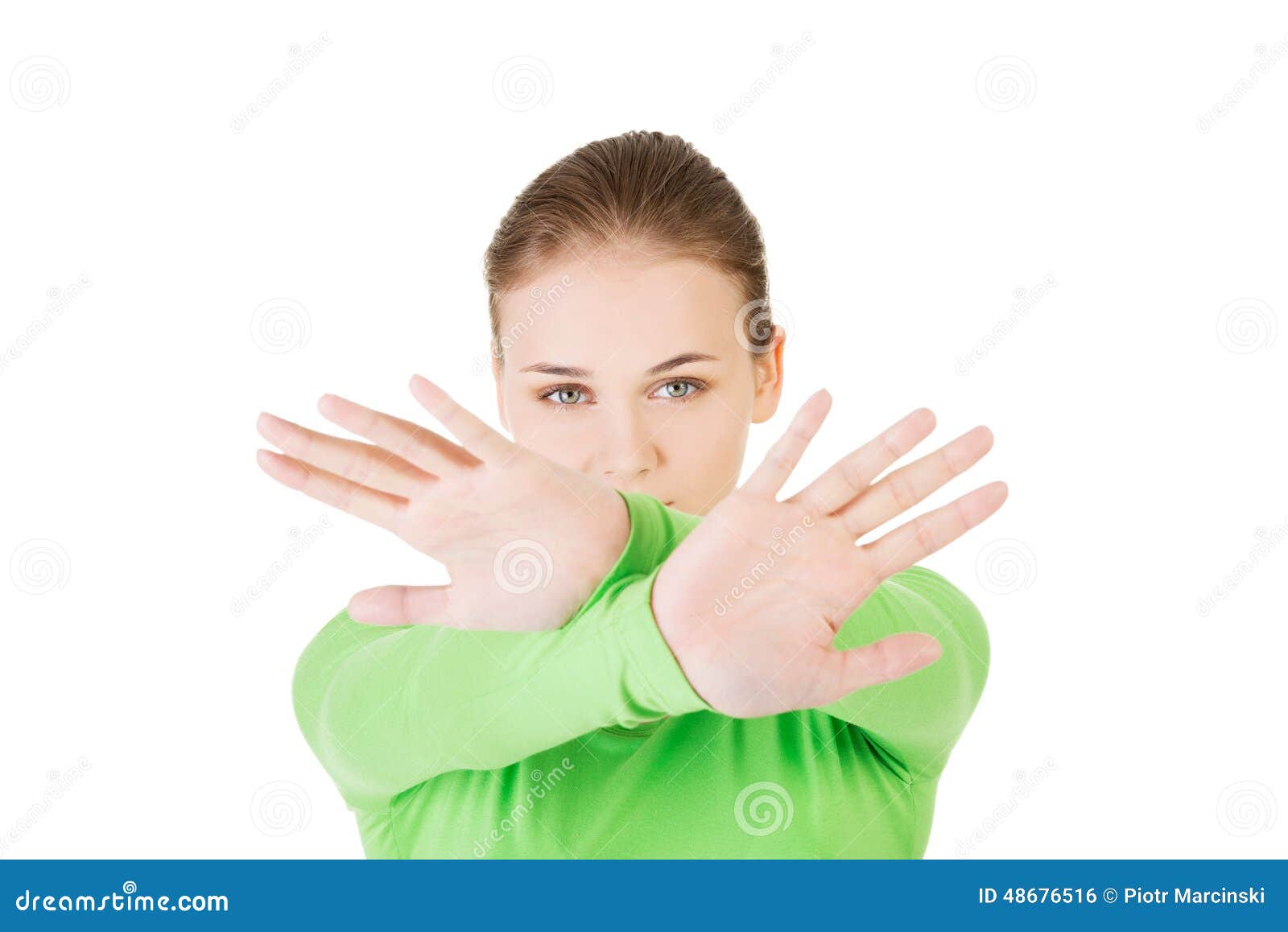 Young Woman Showing Stop Sign with Both Hands Stock Photo - Image of ...