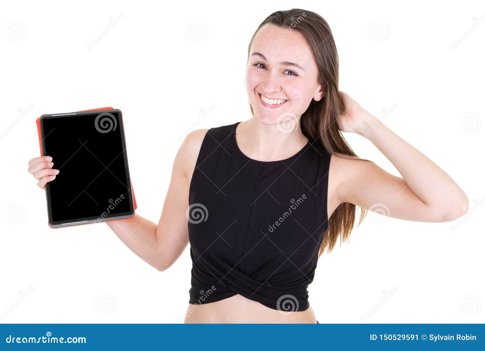 Young Woman Showing Tablet Computer Screen Empty Black Smiling Stock ...