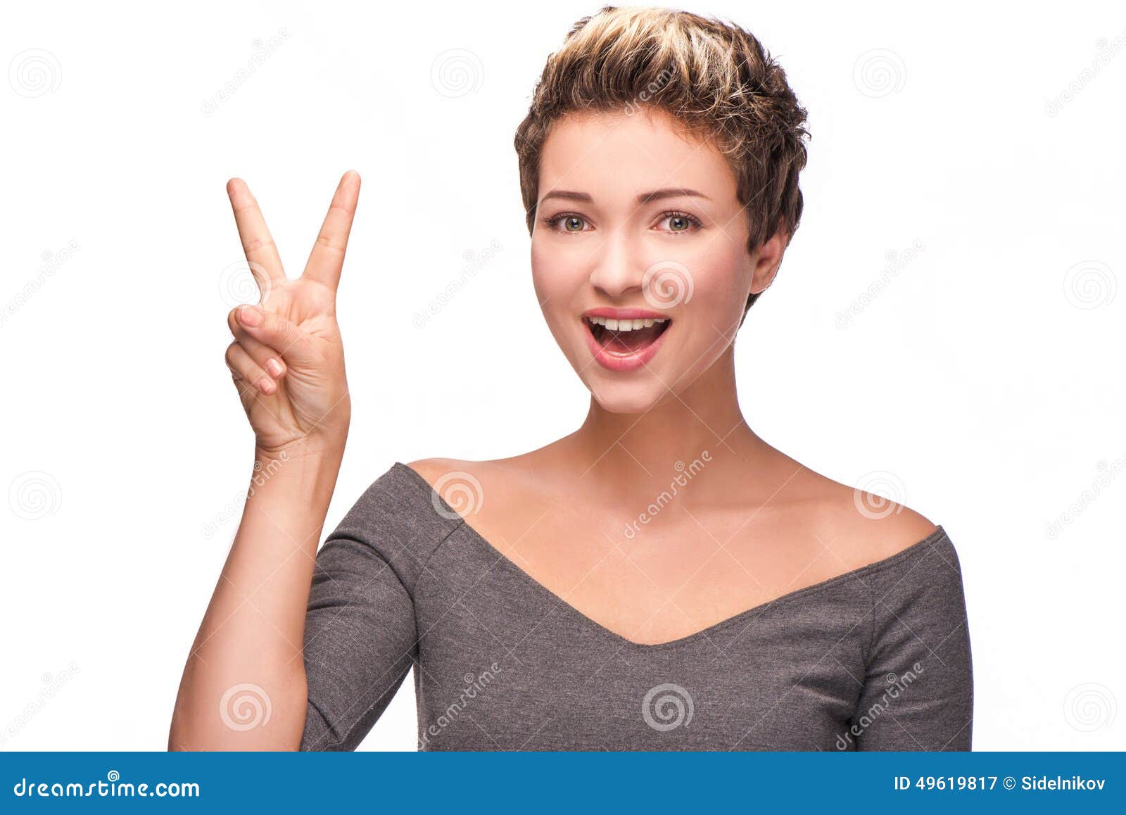 Young Woman Showing Victory Sign Stock Image Image Of Beautiful