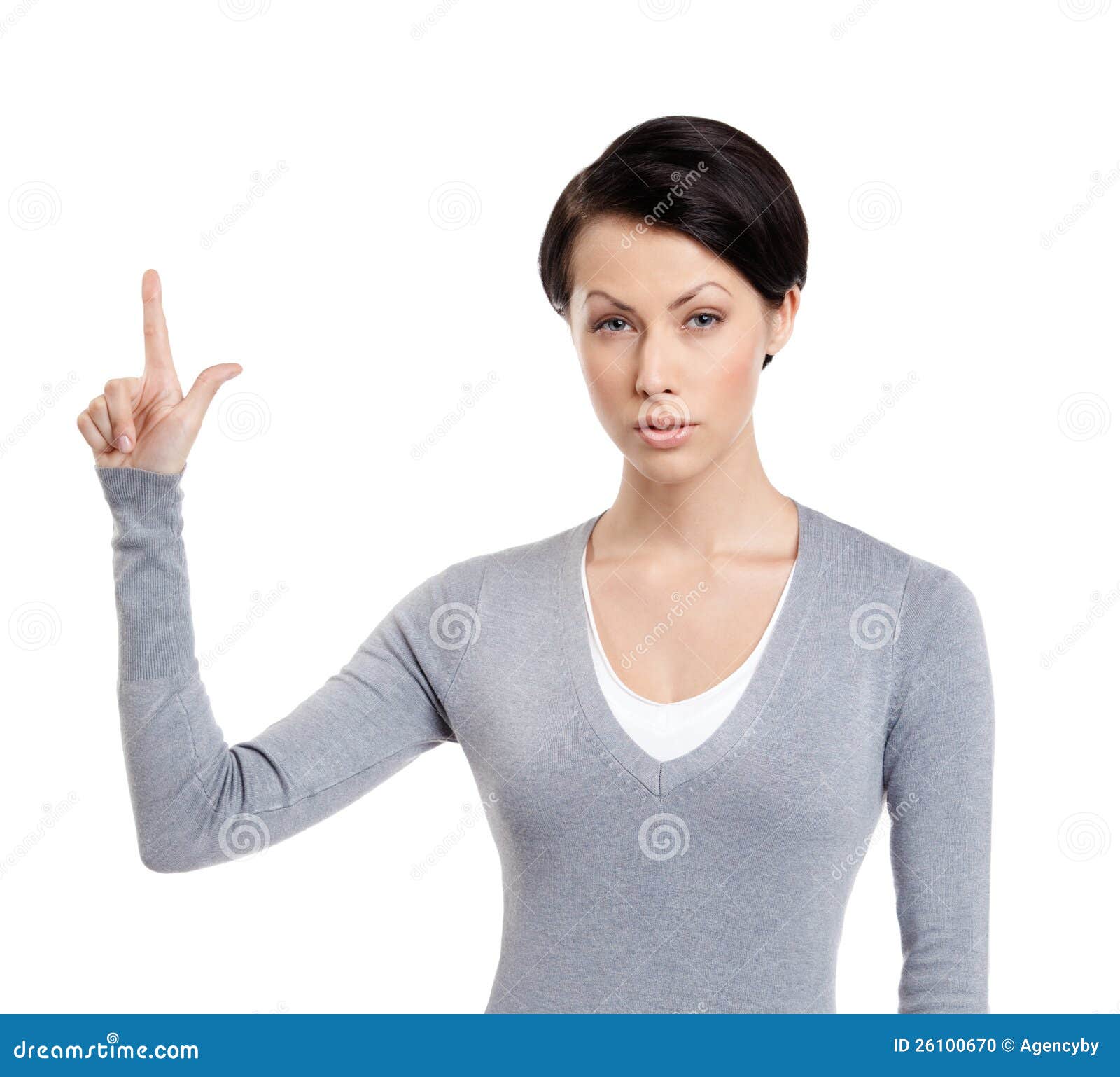 Young Woman Shows Forefinger, Attention Sign Stock Photo - Image of ...
