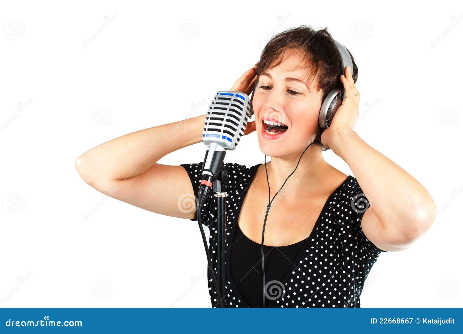 Young Woman Singing with Headset and Microphone Stock Image - Image of ...