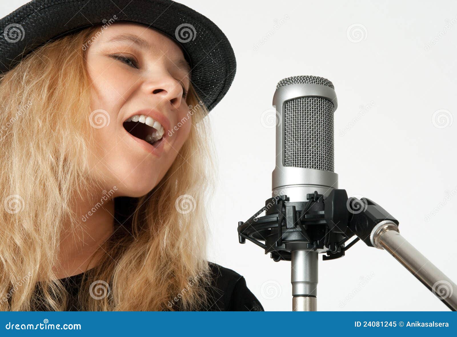 Young Woman Singing With Studio Microphone Royalty Free Stock Photo ...