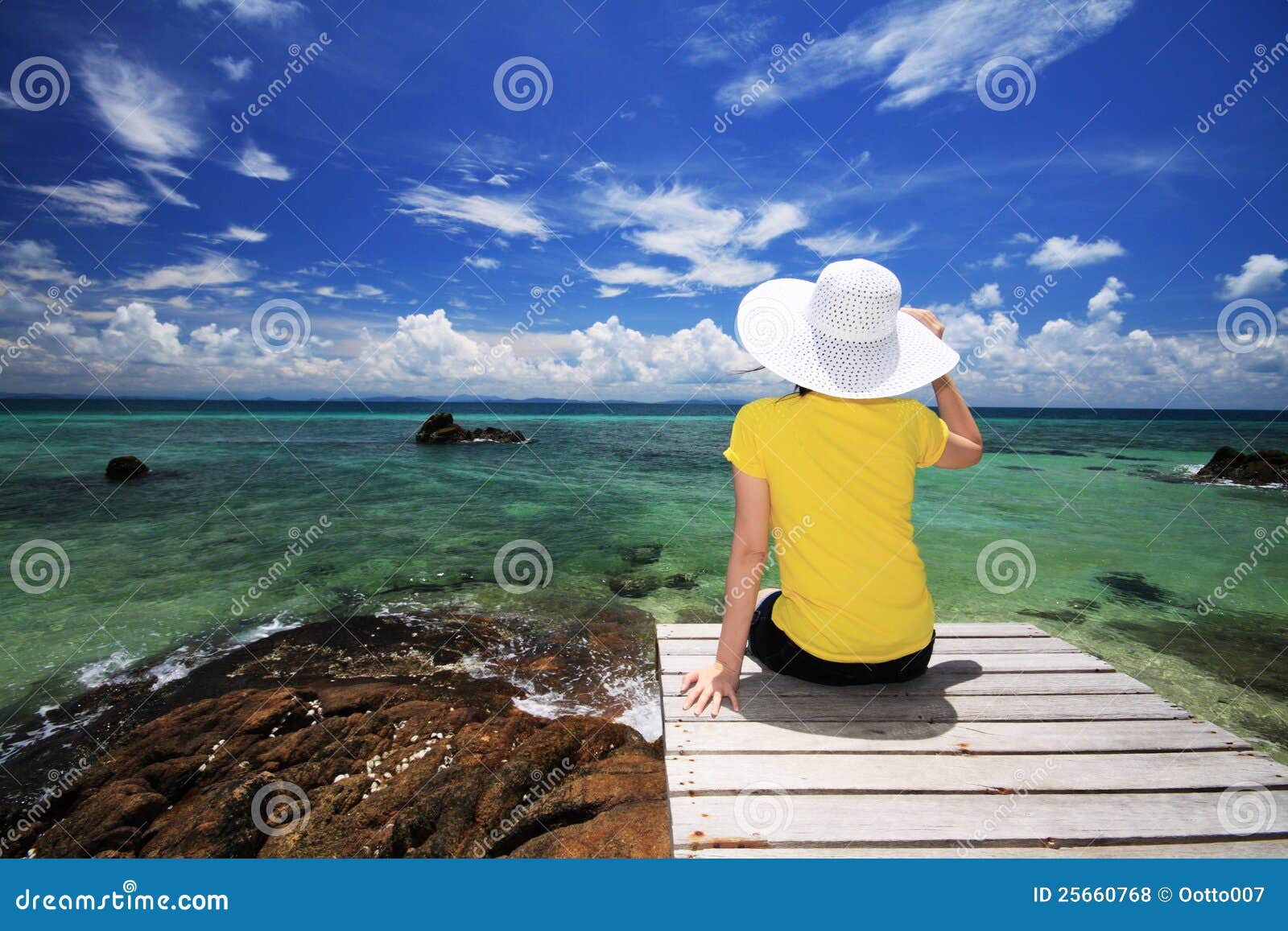 Young Woman Sit on a Bridge Over Beach Stock Photo - Image of dream ...
