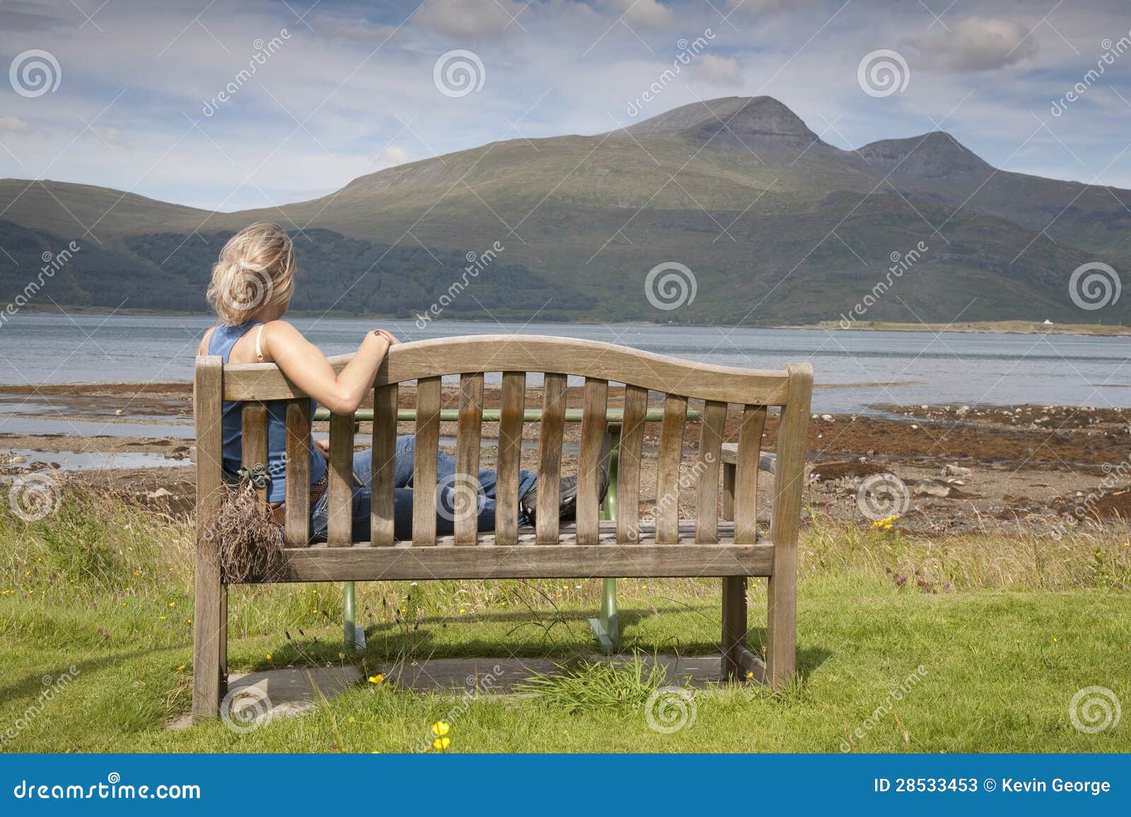 Young Woman Sitting on Bench Stock Image - Image of scotland, landscape ...