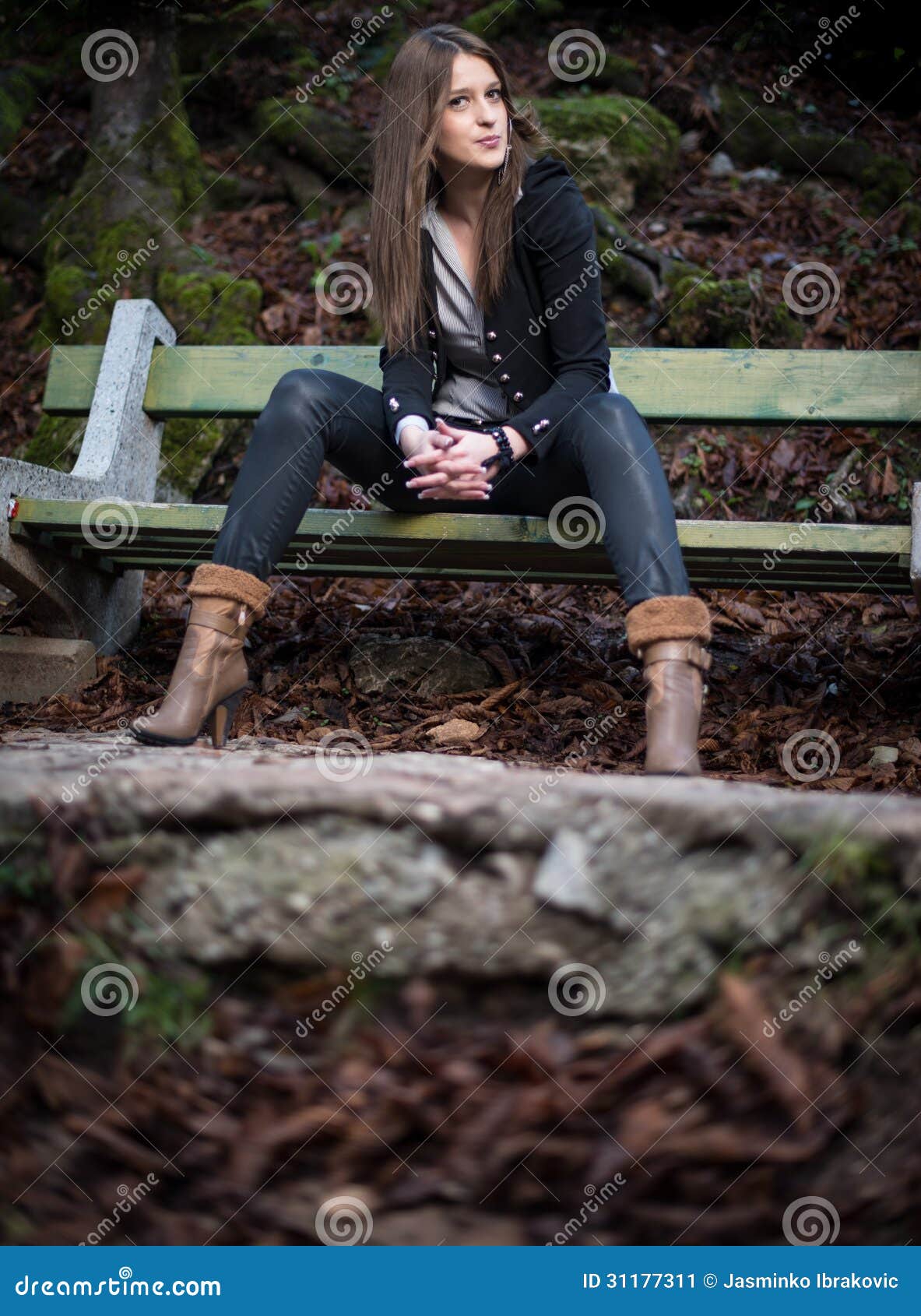 Young Woman Sitting at the Bench in Woods Stock Image - Image of nature ...