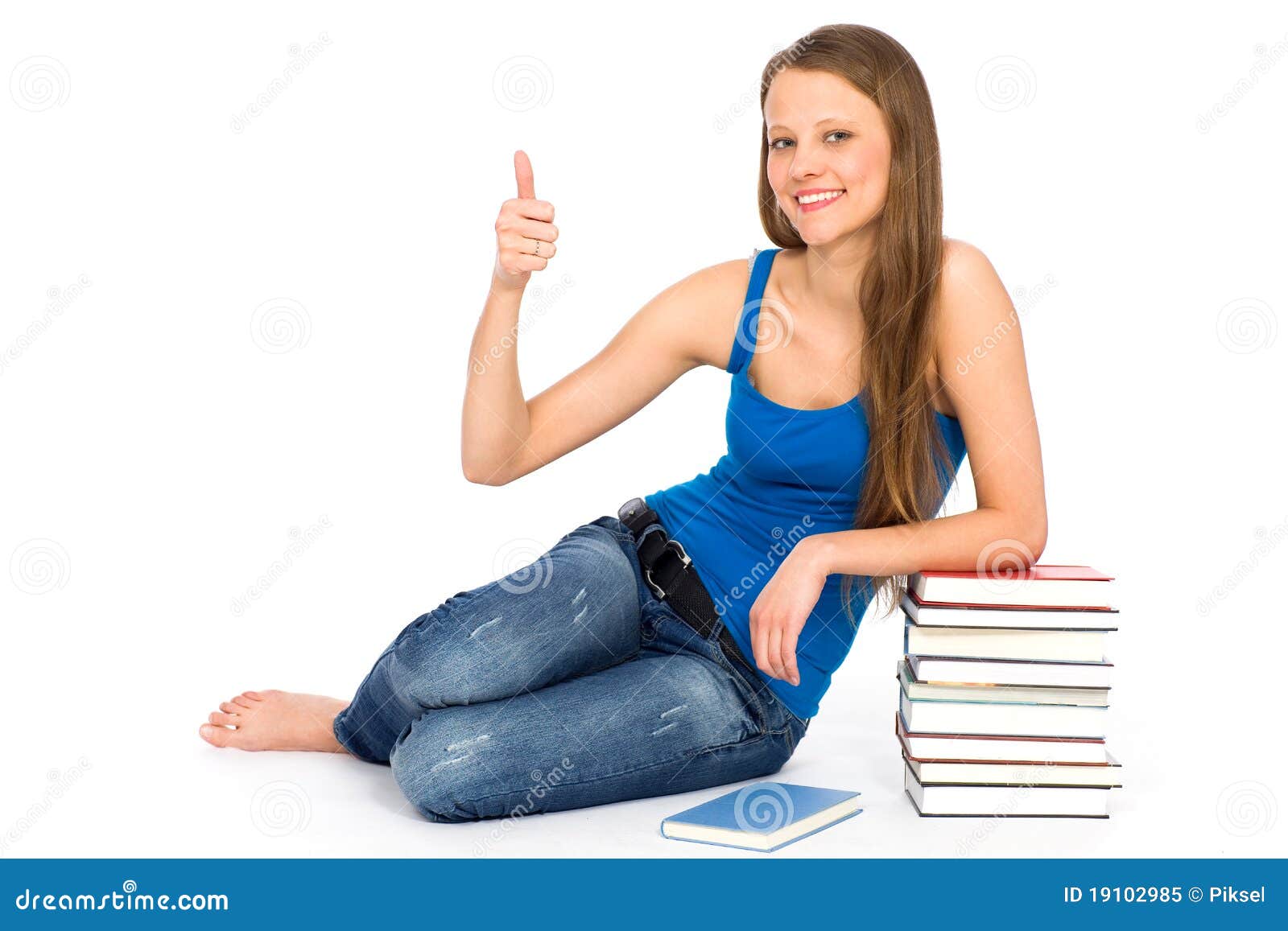 Young Woman Sitting with Books Stock Image - Image of stack, female ...