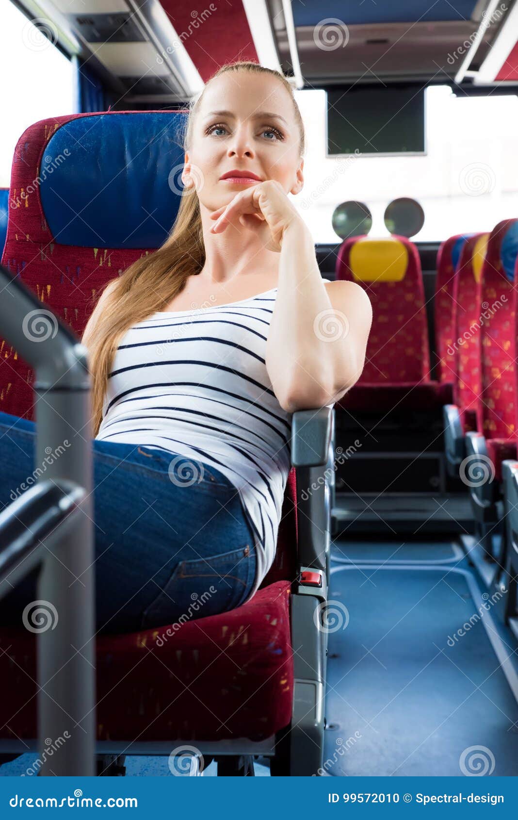 Young Woman Sitting on the Bus Stock Photo - Image of relaxed, journey ...