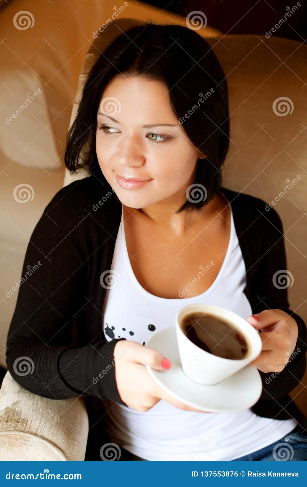 Young Woman Sitting in a Cafe Drinking Coffee Stock Photo - Image of ...