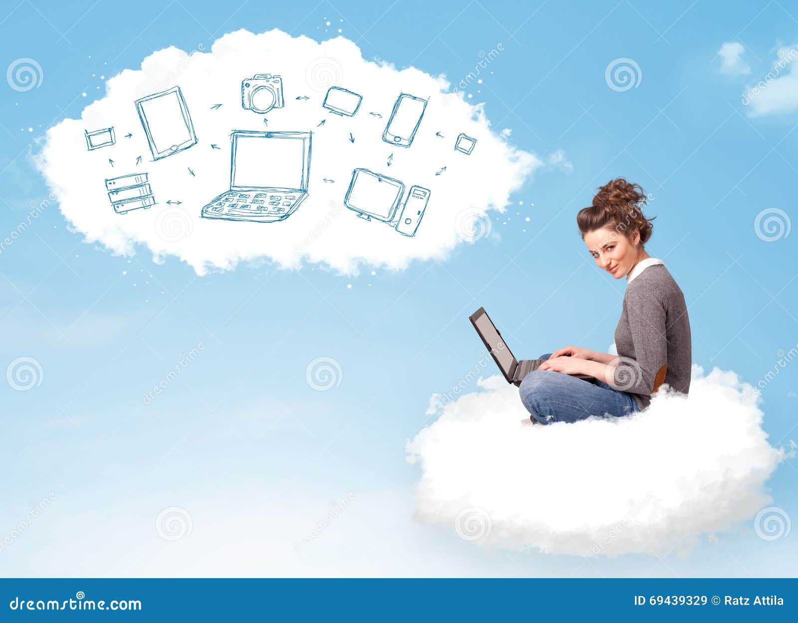 Young Woman Sitting in Cloud with Laptop Stock Image - Image of digital ...