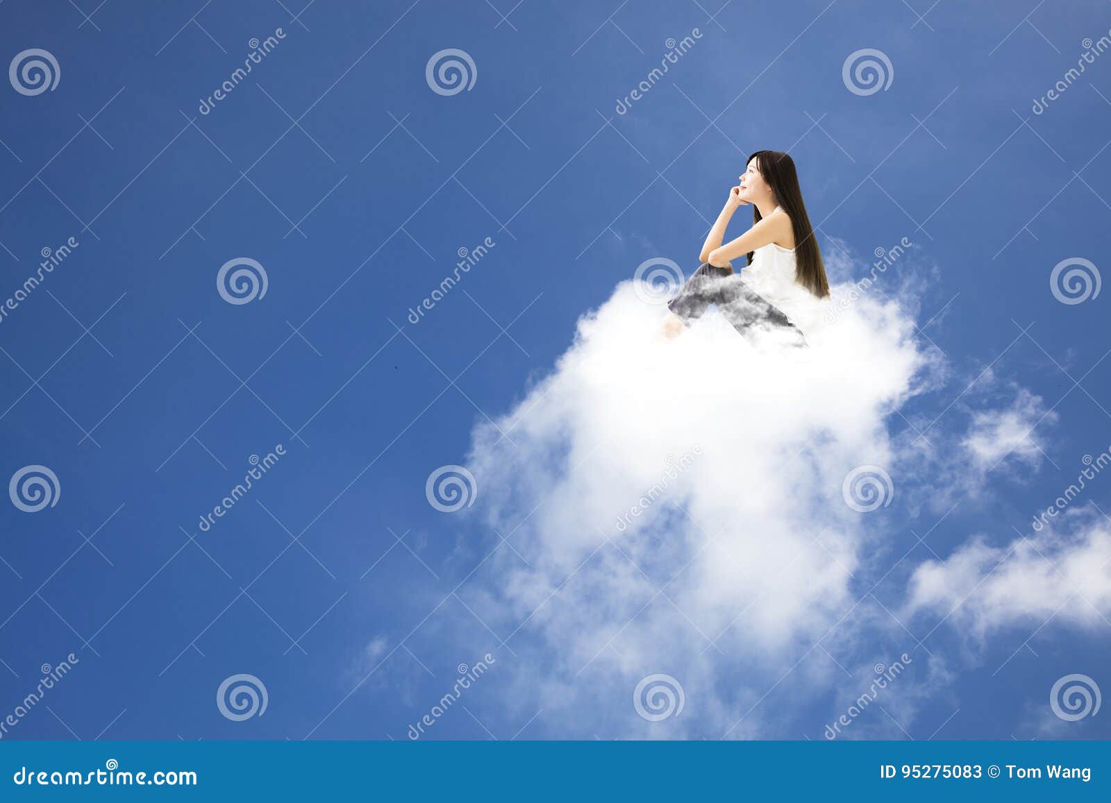 Young Woman Sitting on Cloud and Thinking Stock Image - Image of ...