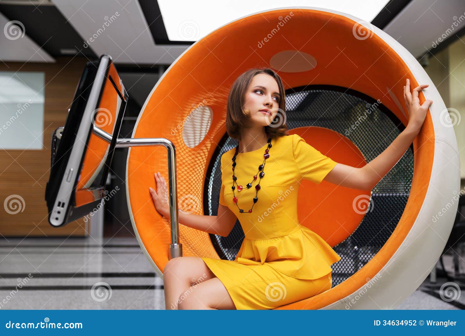 Young Woman Sitting on Computer Chair Stock Photo - Image of happy ...