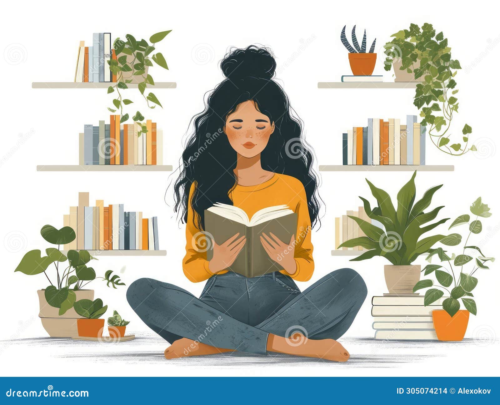Young Woman Sitting On The Floor Reading A Book Illustration Stock