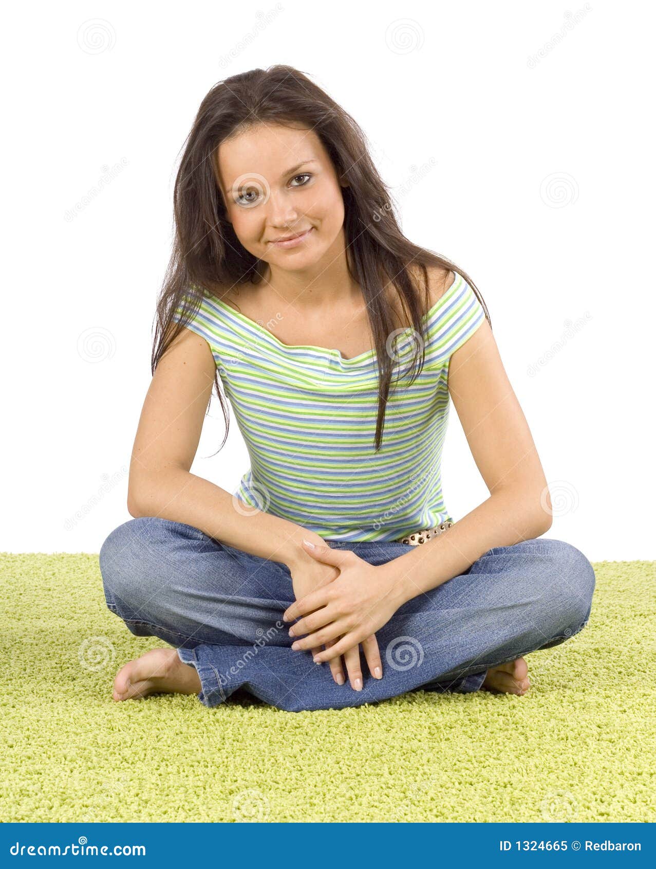 Young Woman Sitting On The Green Carpet Royalty Free Stock Photo ...