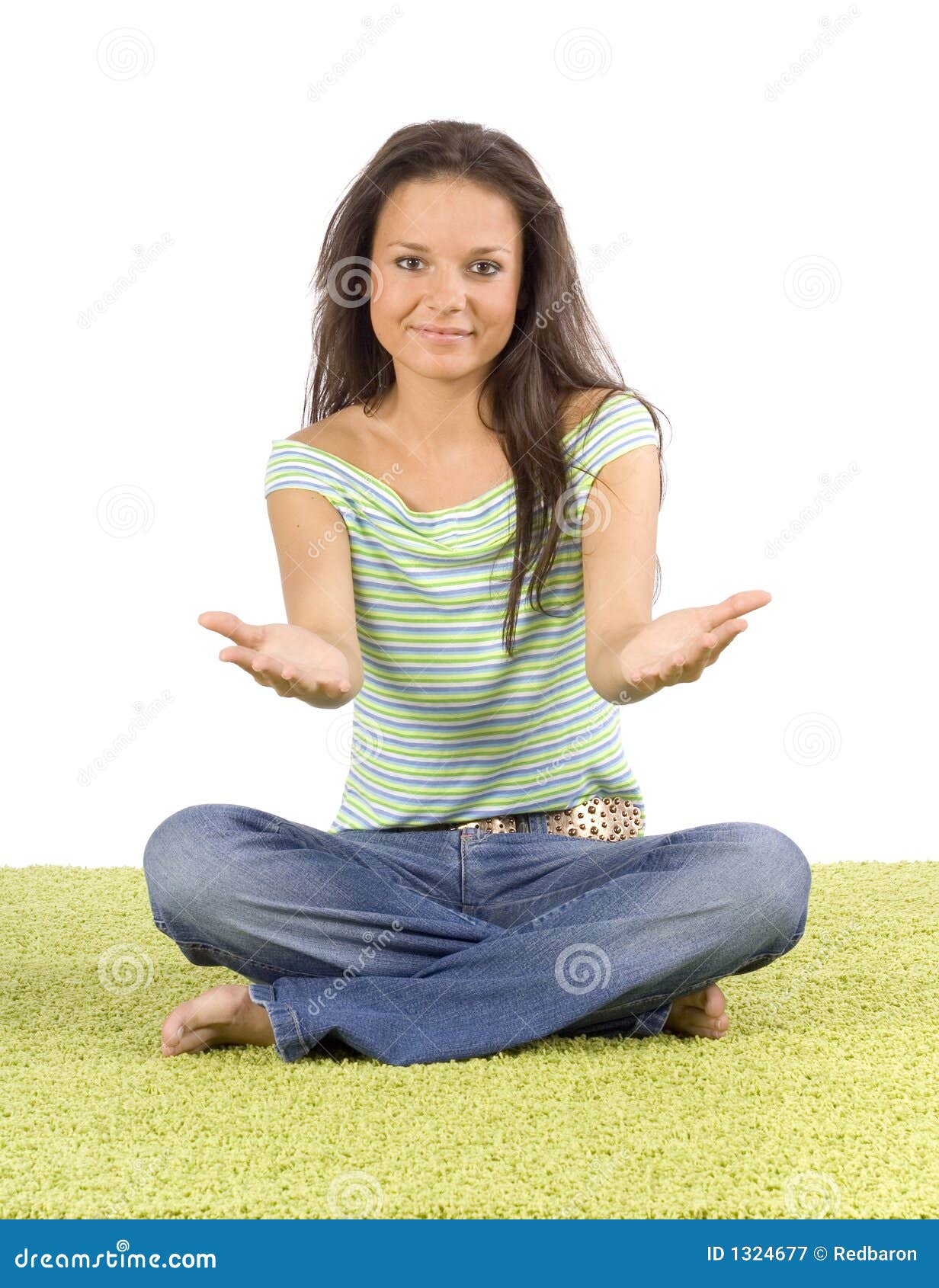 Young Woman Sitting on the Green Carpet Stock Image - Image of girl ...