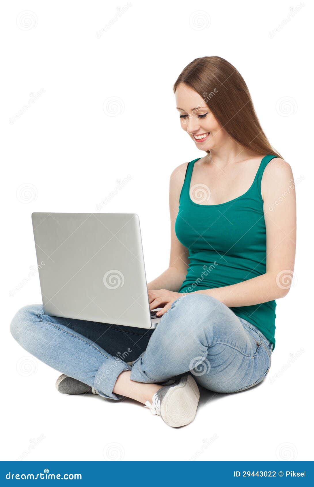 Young Woman Sitting with Laptop Stock Photo - Image of full, people ...