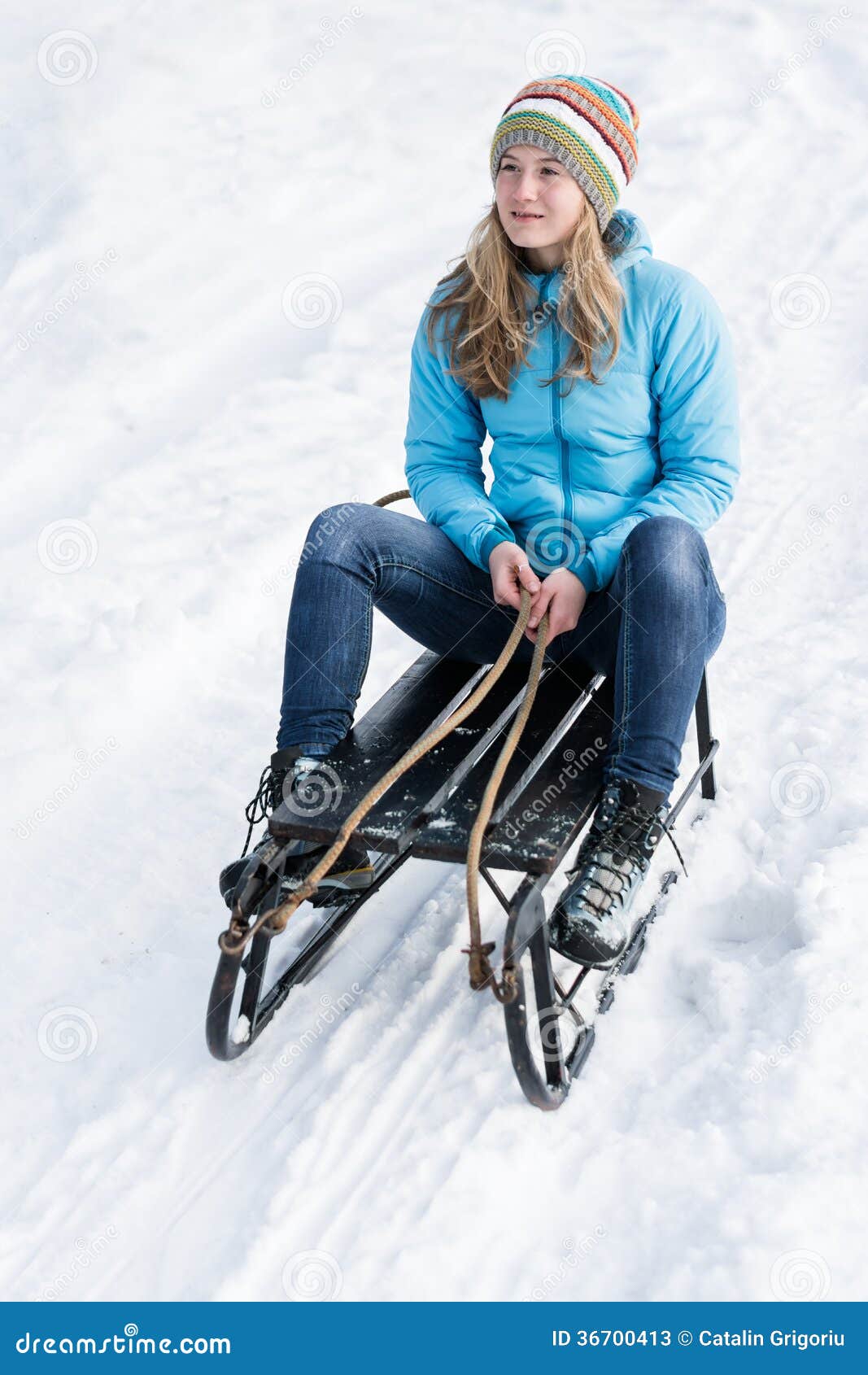 Young Woman Sitting on a Sledge in the Snow Stock Image - Image of ...