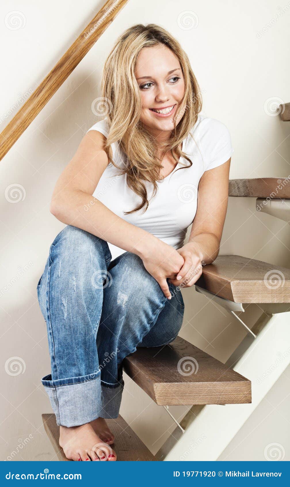 Young Woman Sitting on Steps Stock Photo - Image of railing, happy ...