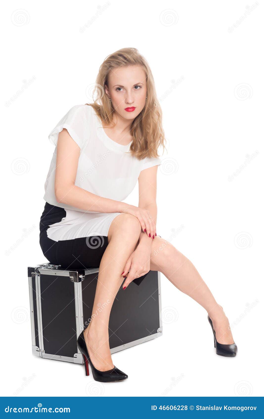 Young Woman Sitting on a Suitcase Stock Photo - Image of people ...