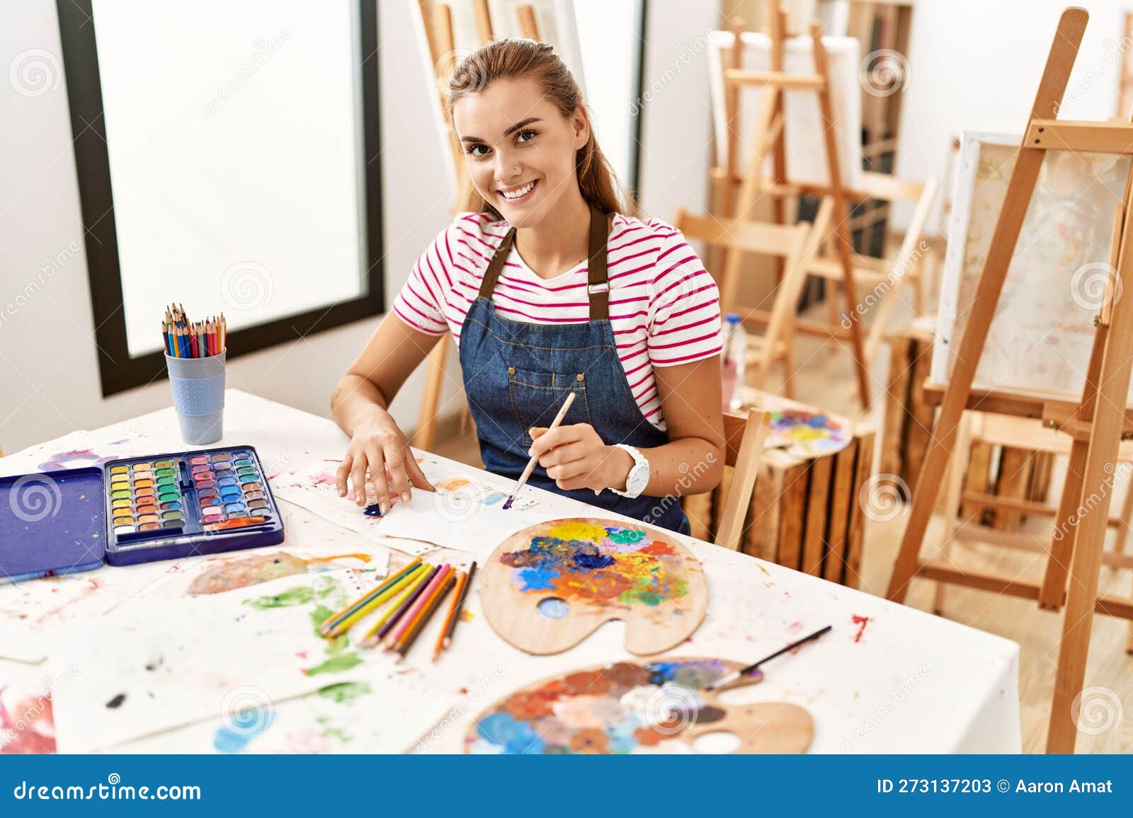 Young Woman Sitting on Table Drawing at Art Studio Stock Image - Image ...