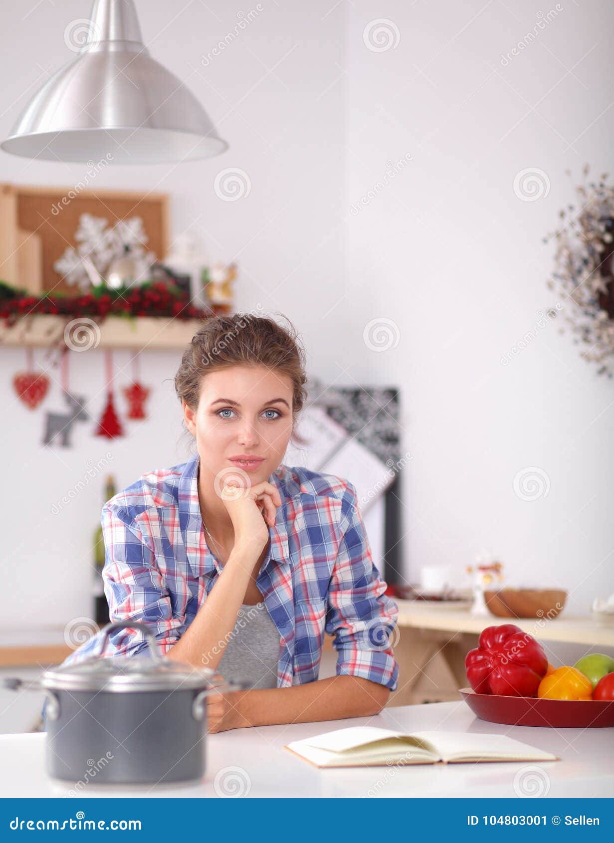 Young Woman Sitting a Table in the Kitchen Stock Image - Image of ...