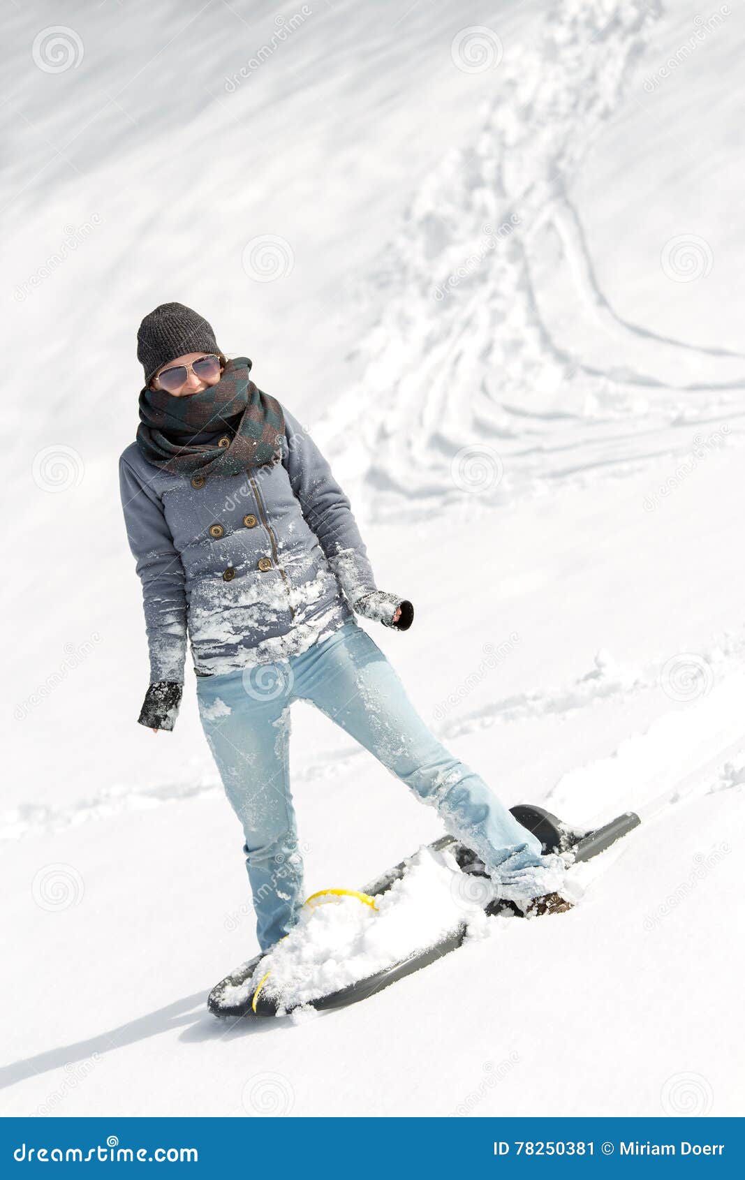 Young Woman with a Sled Standing in the Deep Snow Stock Image - Image ...