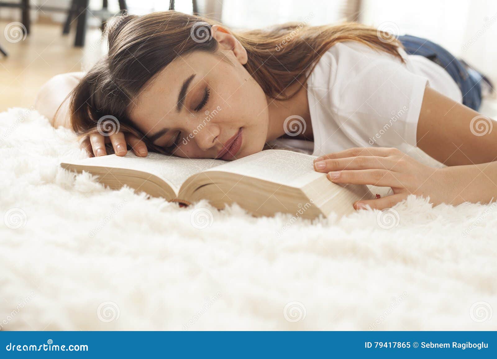 Young Woman Sleeping with Book at Home Stock Image - Image of room ...