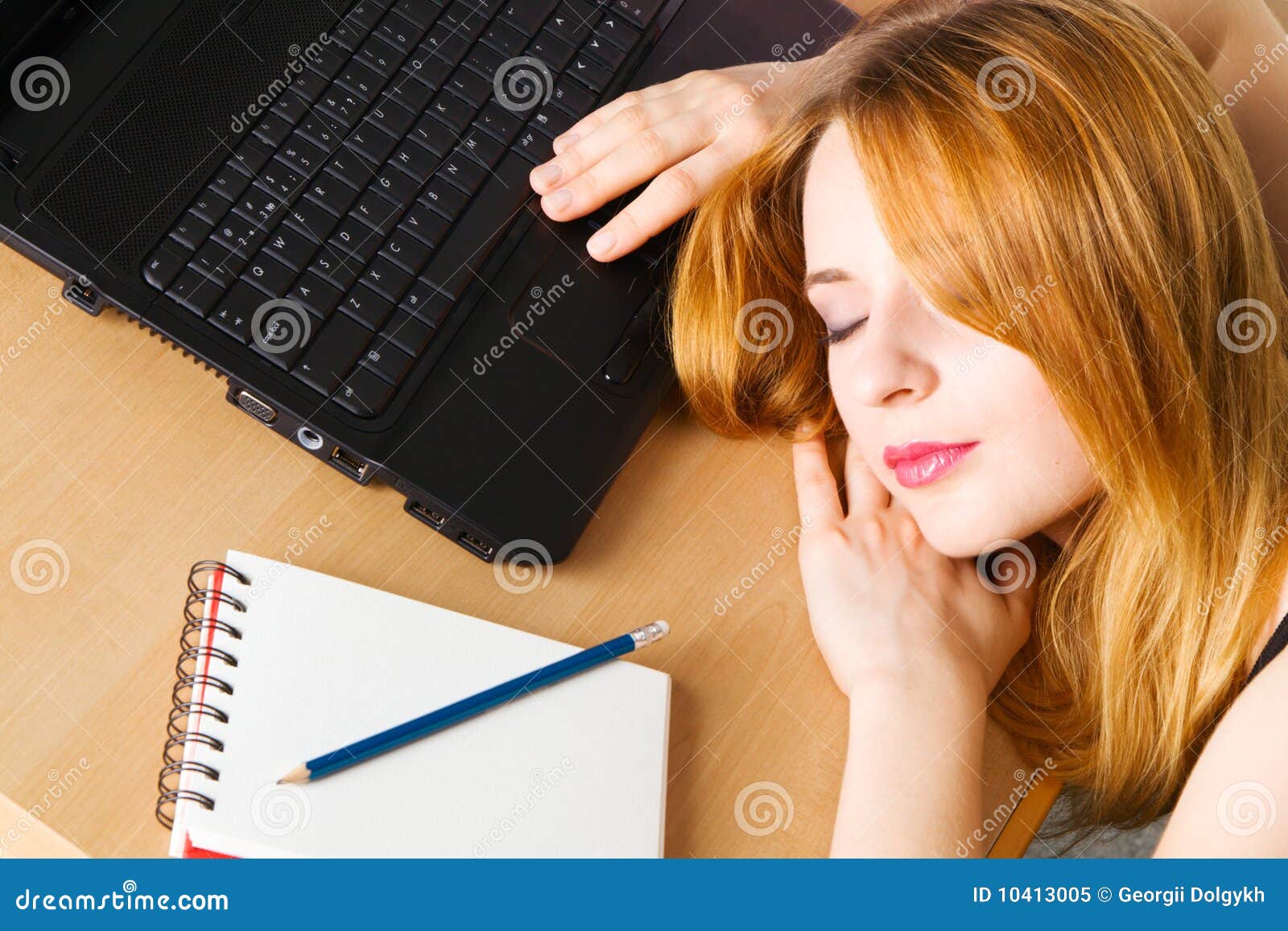 Young Woman Sleeping at Her Computer Stock Image - Image of female ...