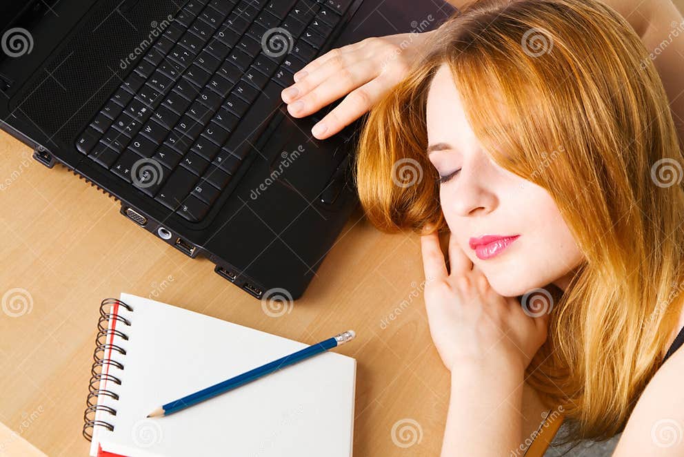 Young Woman Sleeping at Her Computer Stock Image - Image of female ...