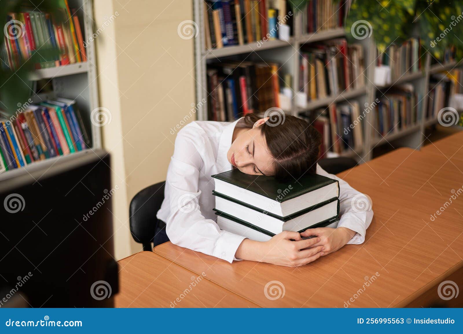 Young Woman Sleeping on Textbooks in a Public Library. Stock Image ...