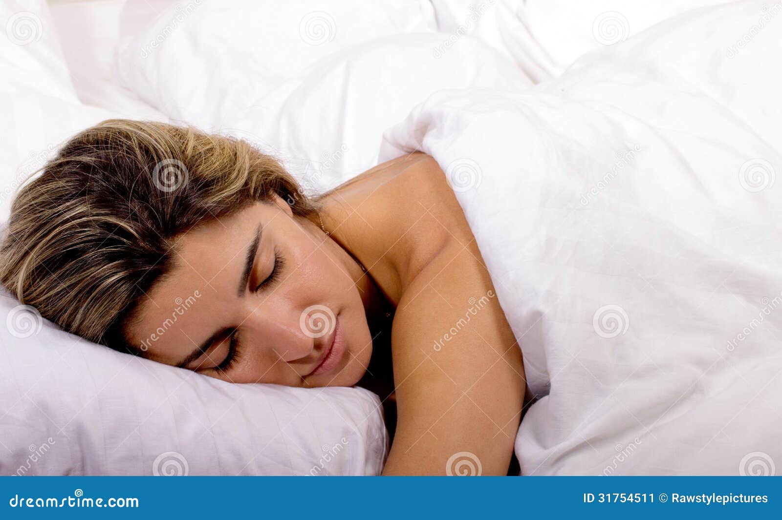 Young Woman Sleeping on White Bed Sheet Stock Image - Image of closed ...