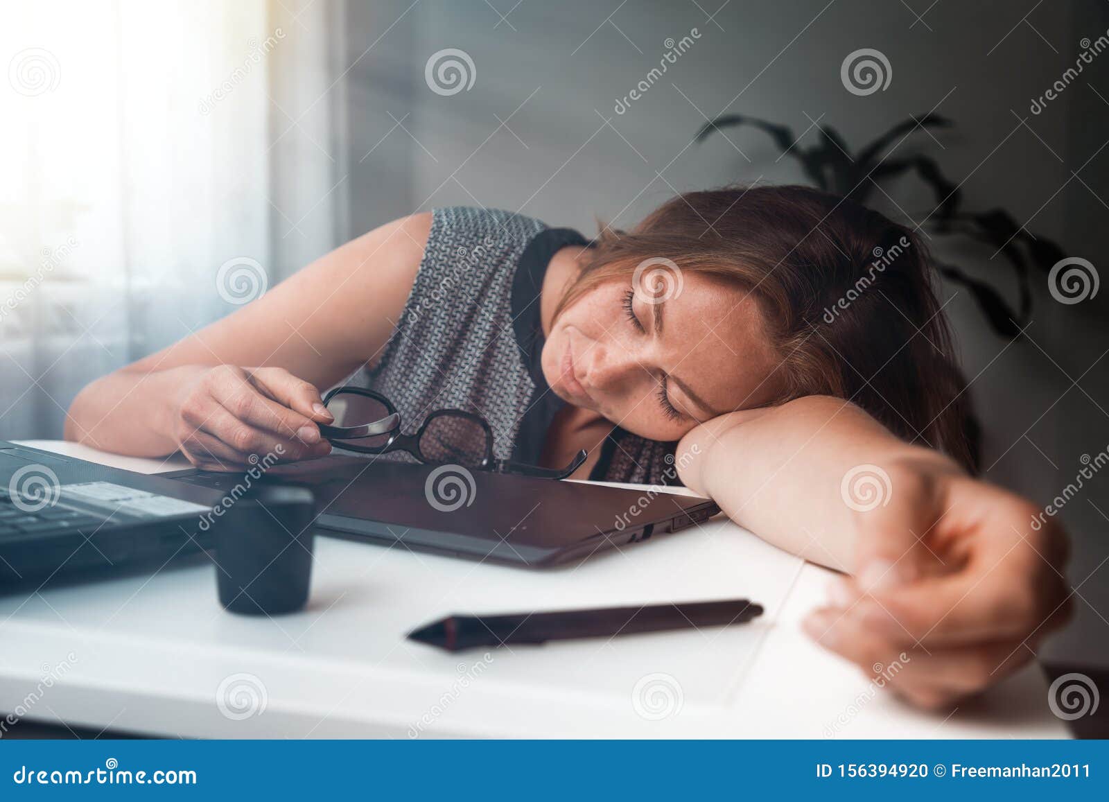 Fatigue Woman Yawns, Keeps Hand On Opened Mouth, Wants To Sleep After ...