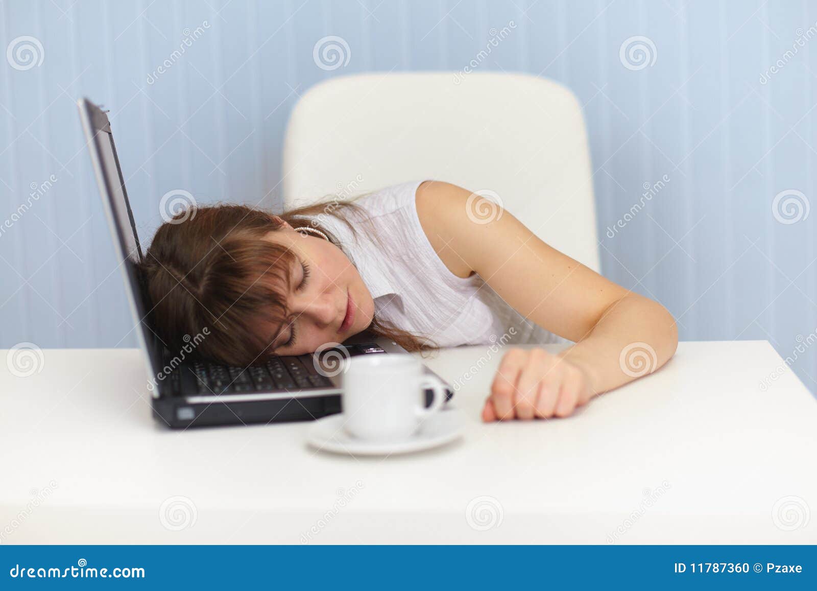 Young Woman Sleeps on Laptop Keyboard on Workplace Stock Photo - Image ...