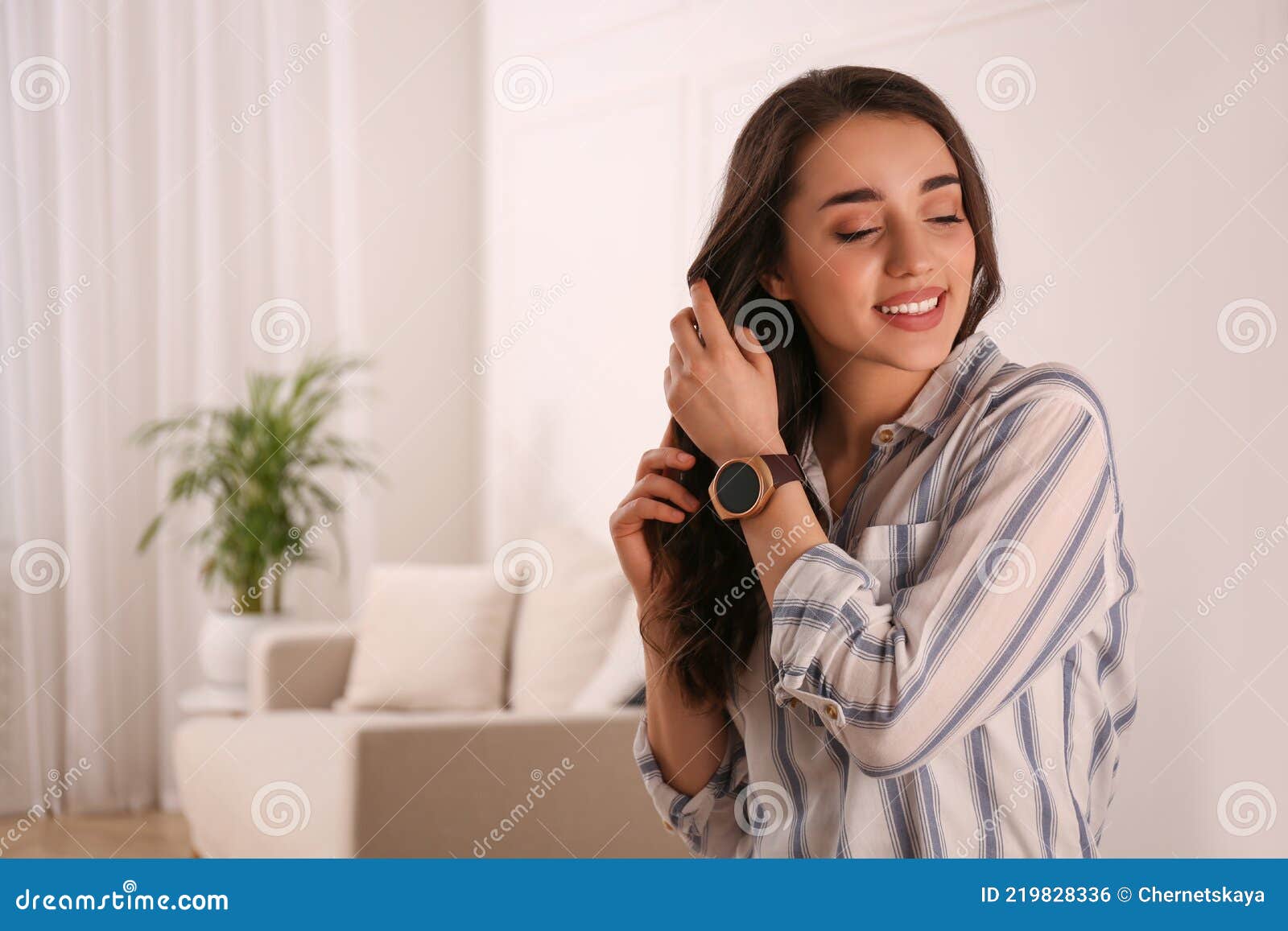 Young Woman with Smart Watch at Home, Space for Text Stock Photo ...