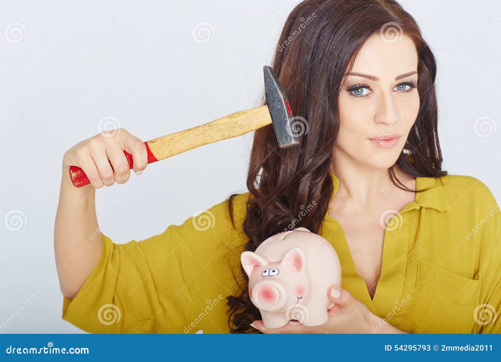 Young Woman Smashed Piggy Bank with a Hammer Stock Image - Image of ...