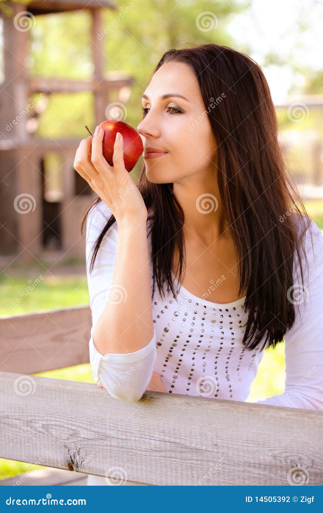 Young woman smell apple stock photo. Image of foods, female - 14505392