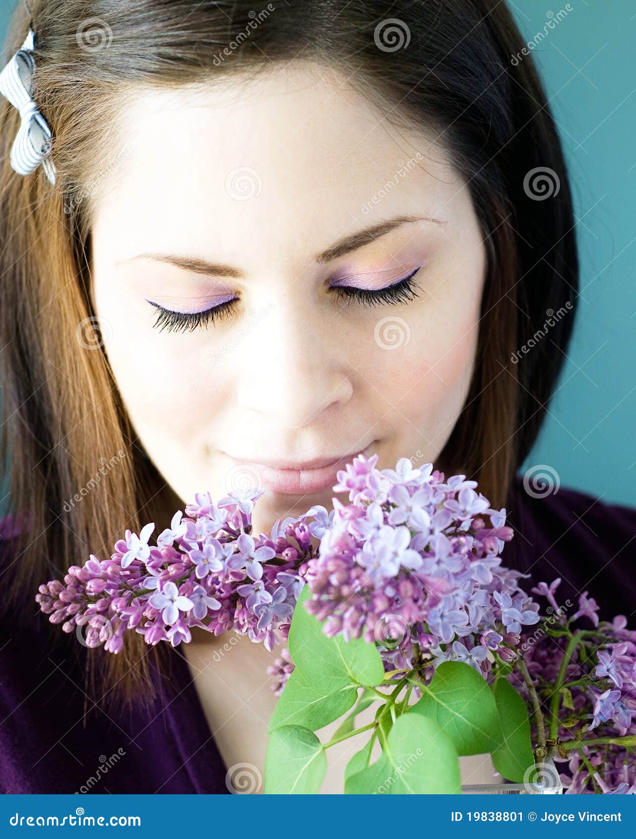 Young Woman Smelling Lilacs Stock Image - Image of scent, expression ...
