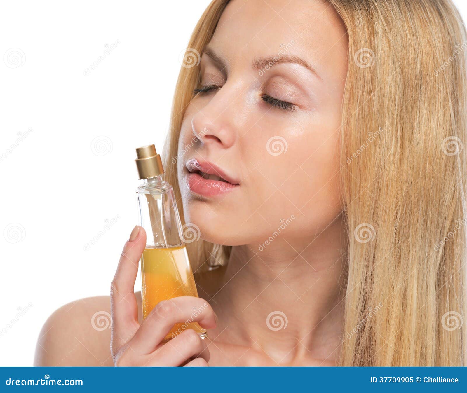 Young Woman Smelling Perfume Stock Image - Image of parfum, female ...