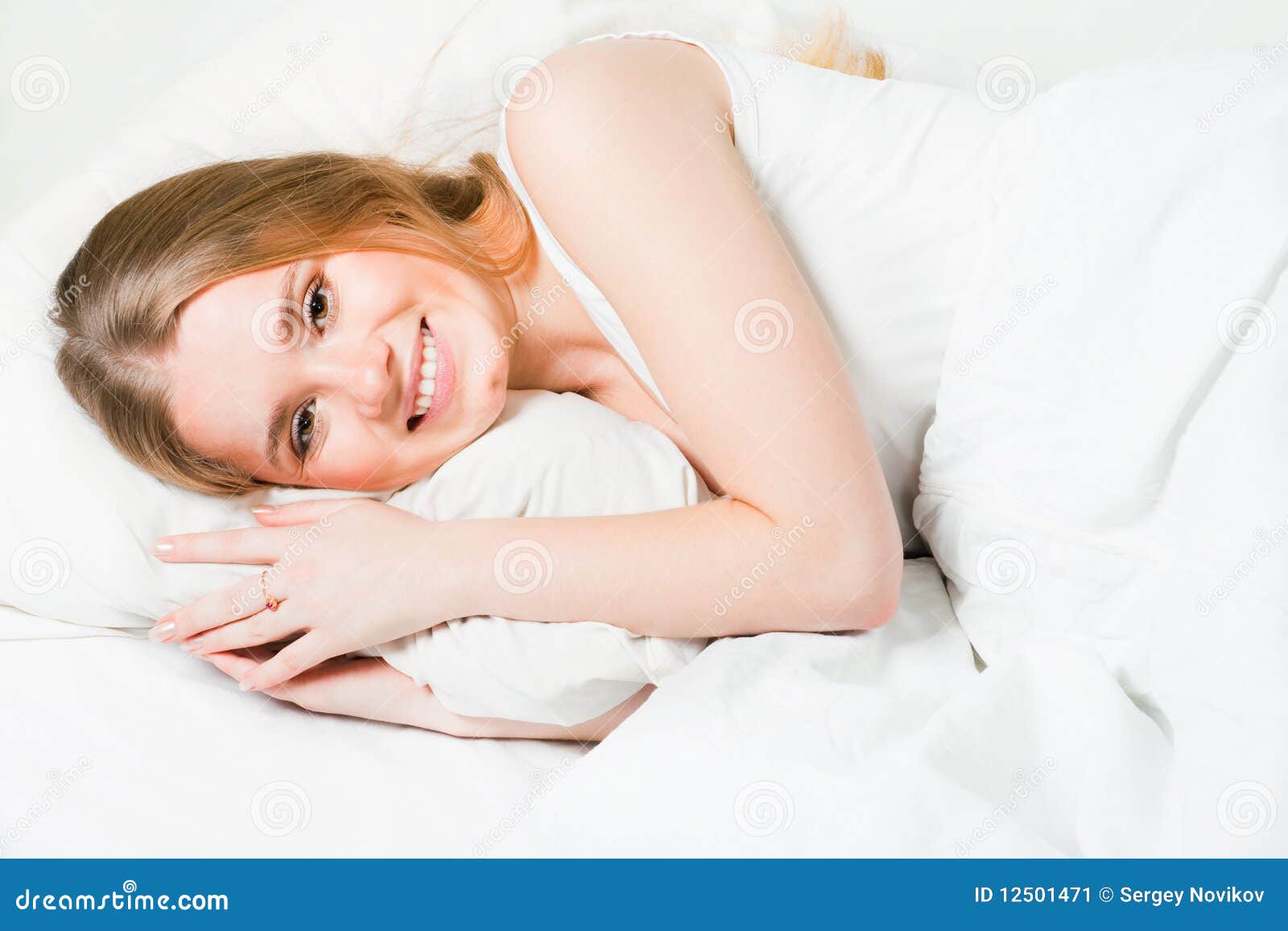 Young Woman Smile Laying in Bed Stock Image - Image of smile, brunet ...