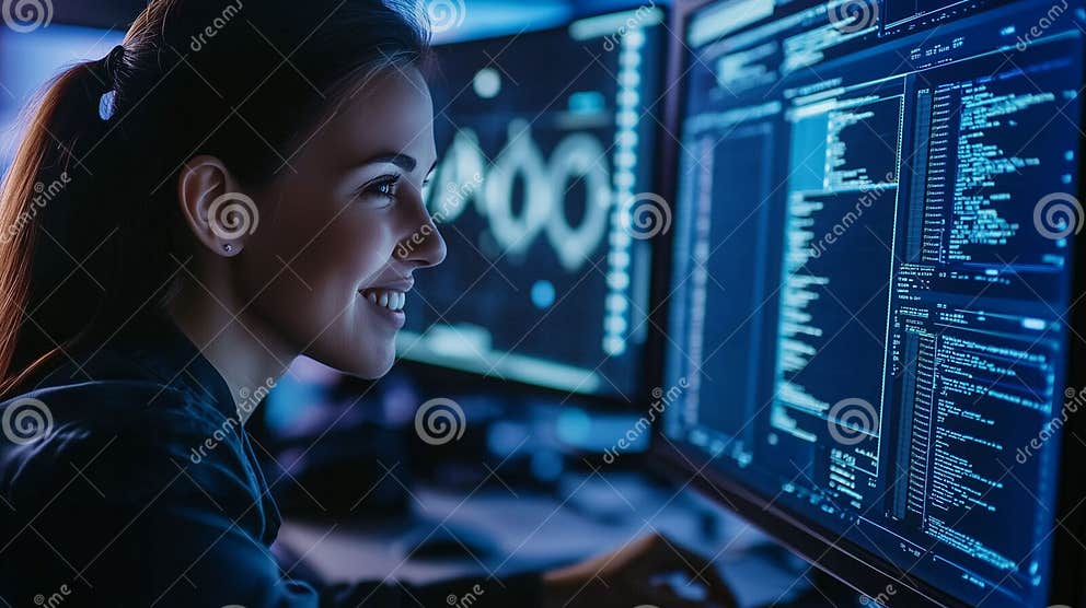 A Young Woman Smiles while Coding at Her Desktop, Engaged in a Late-night Programming Session in ...
