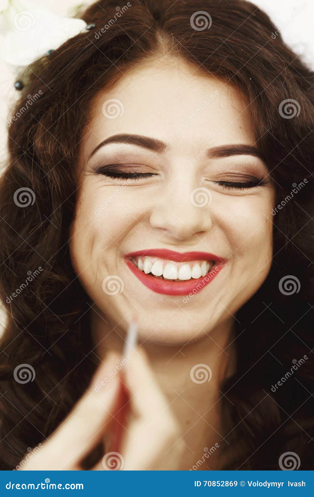 Young Woman Smiles while Doing a Make Up Stock Image - Image of hazel ...