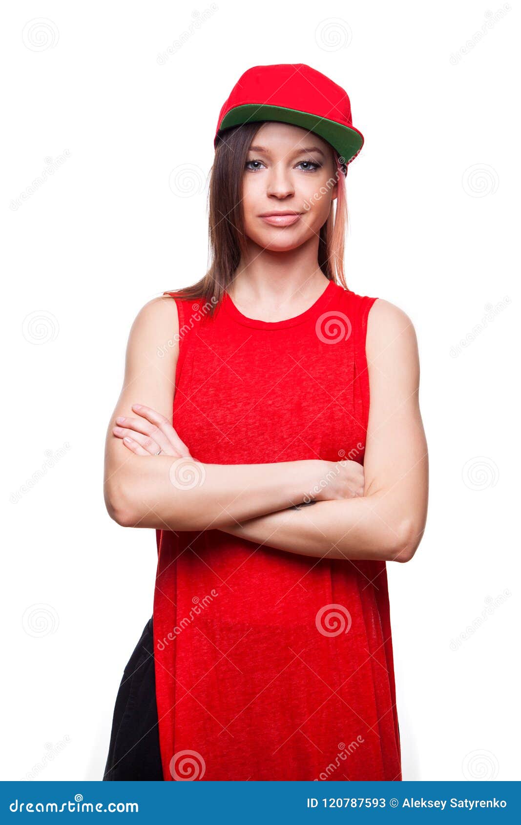 Young Woman Smiling, Looking at Camera. Red Baseball Cap Stock Image ...