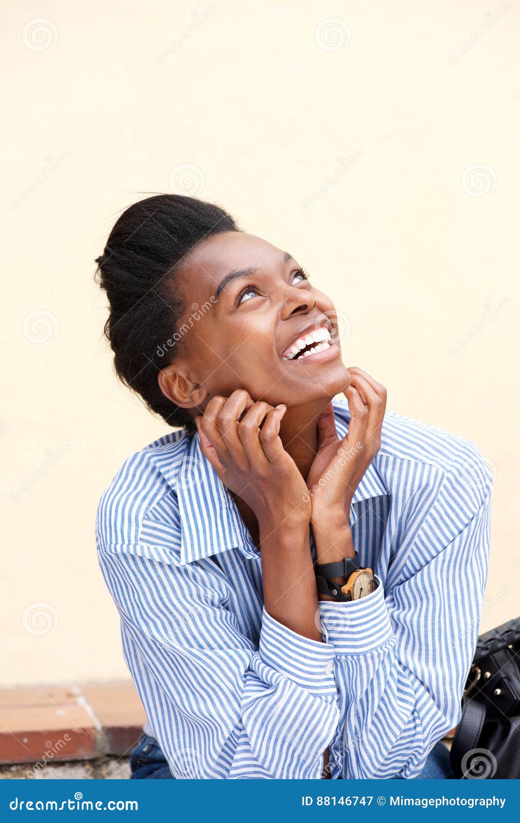Young Woman Smiling and Looking Up Stock Image - Image of happiness ...