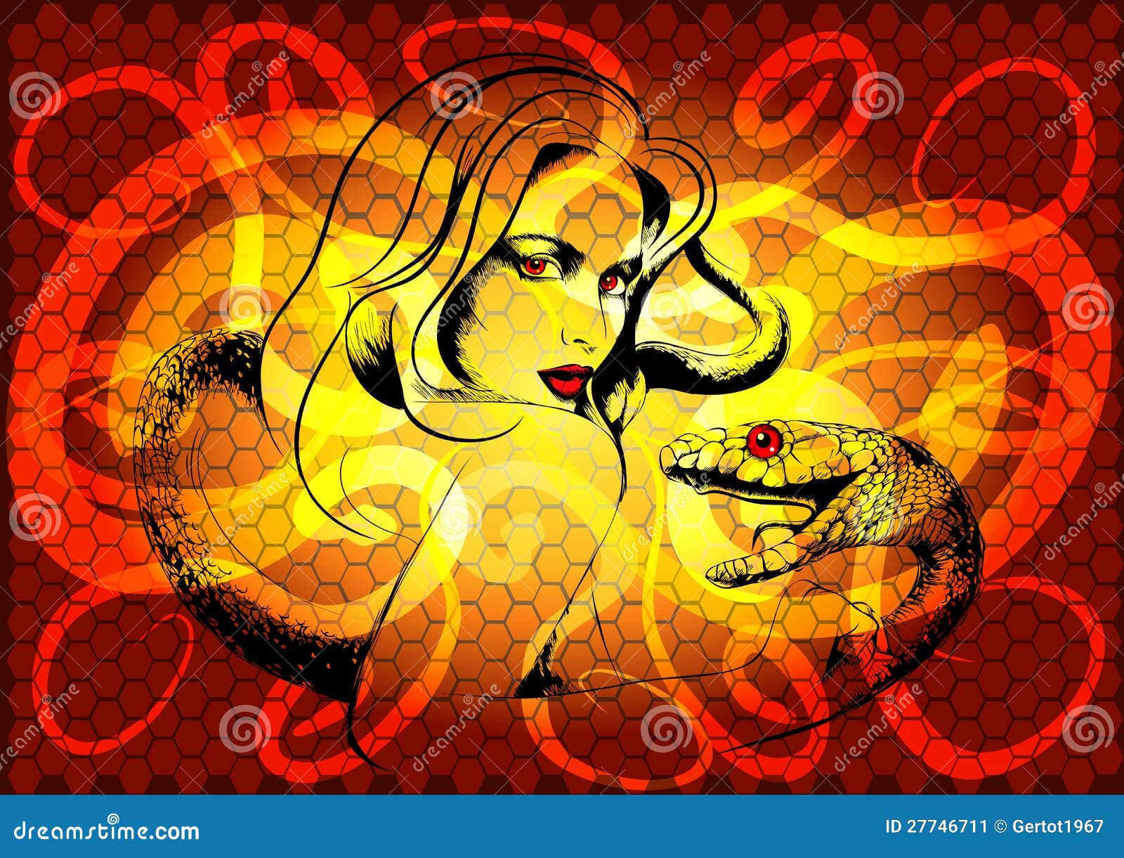 The Young Woman with a Snake in Red Stock Vector - Illustration of ...