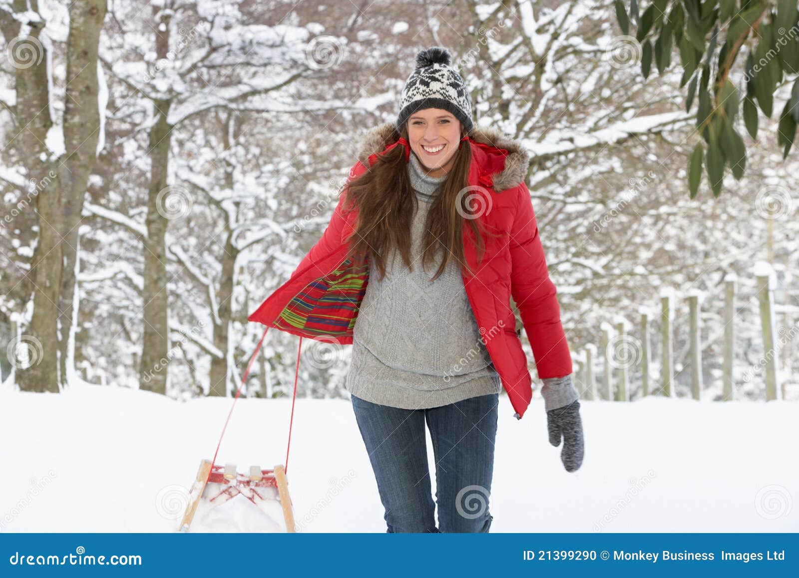 Young Woman in Snow with Sledge Stock Photo - Image of sledding, happy ...