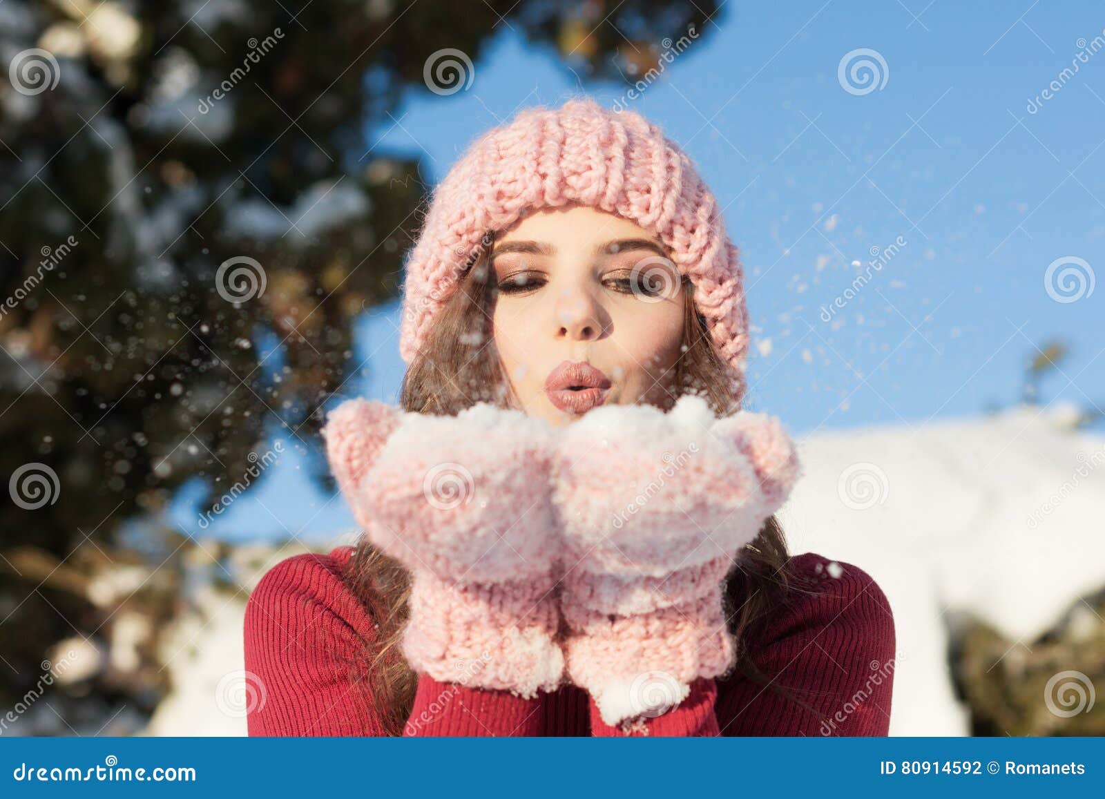 Young woman snowflakes stock photo. Image of blow, joyful - 80914592