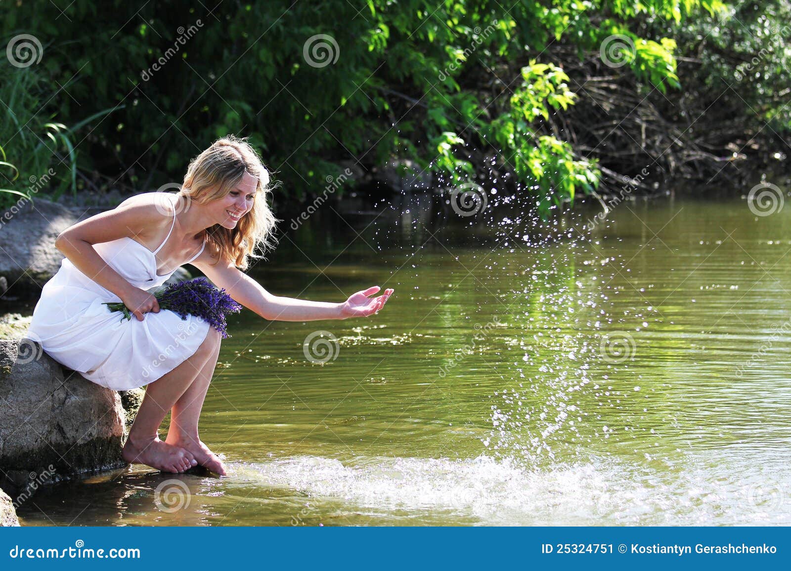 Young Woman Sprinkles Water Stock Image - Image of sprinkles, greens ...