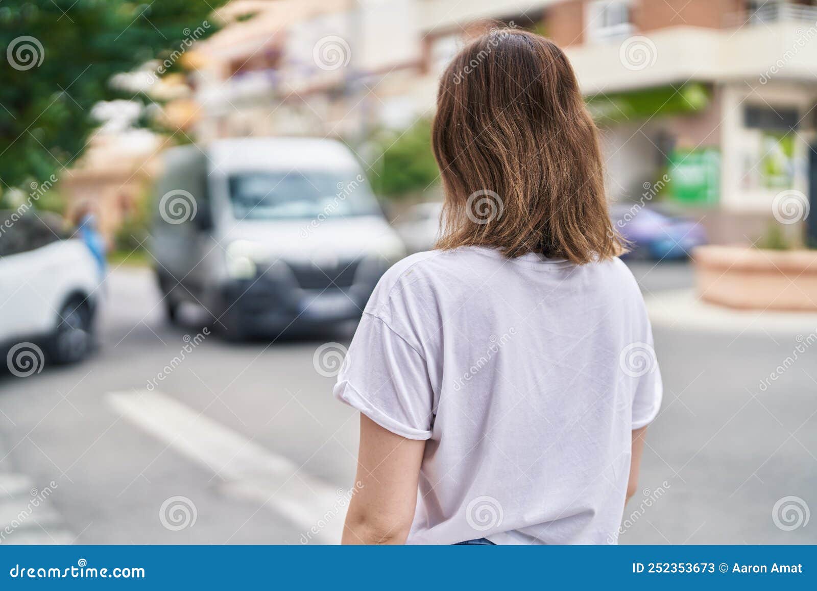 Young Woman Standing on Back View at Street Stock Image - Image of city ...