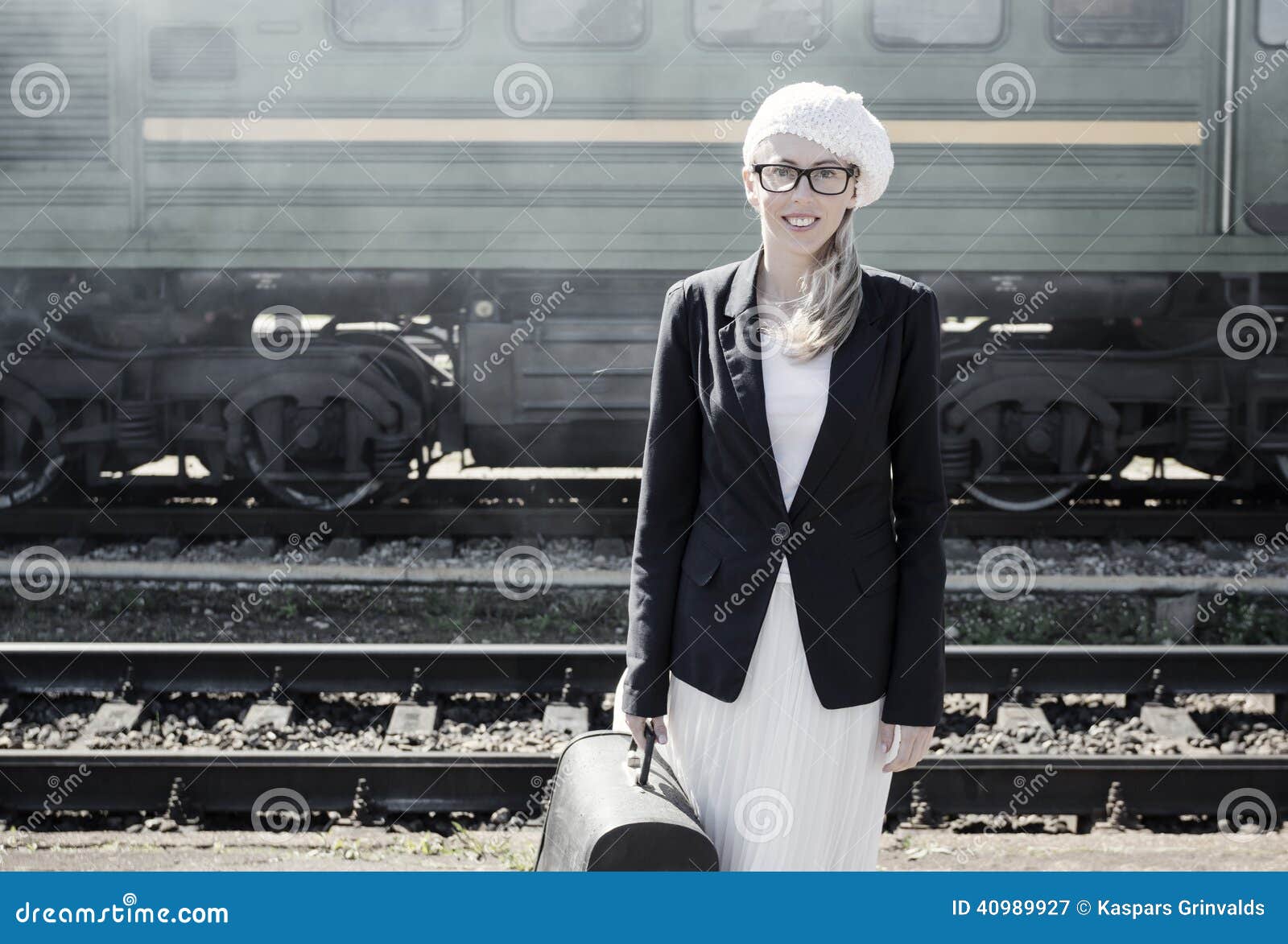 Young Woman Standing in Front of Train Stock Image - Image of rail ...
