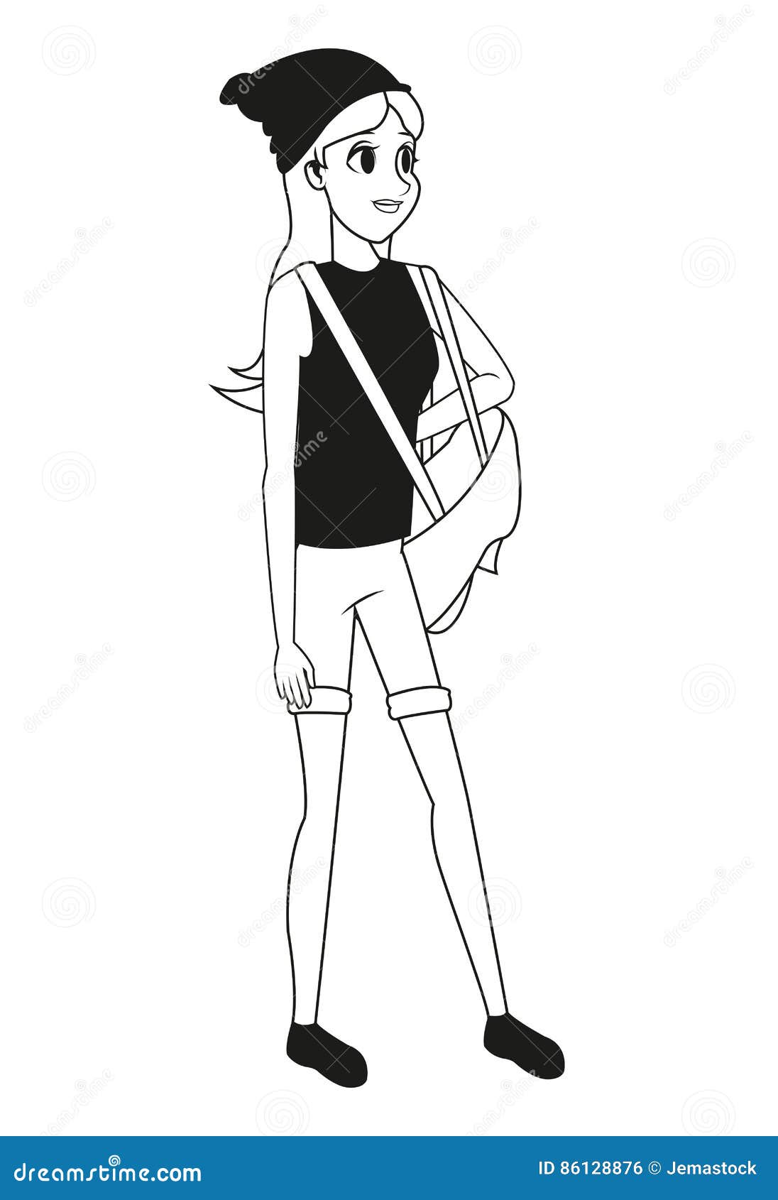 Young Woman Standing Hat Backpack Outline Stock Vector - Illustration ...